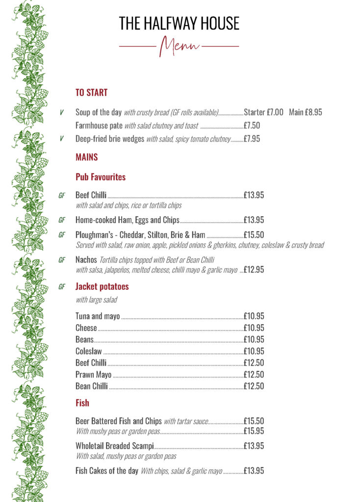 Menu - The Halfway House Pitney