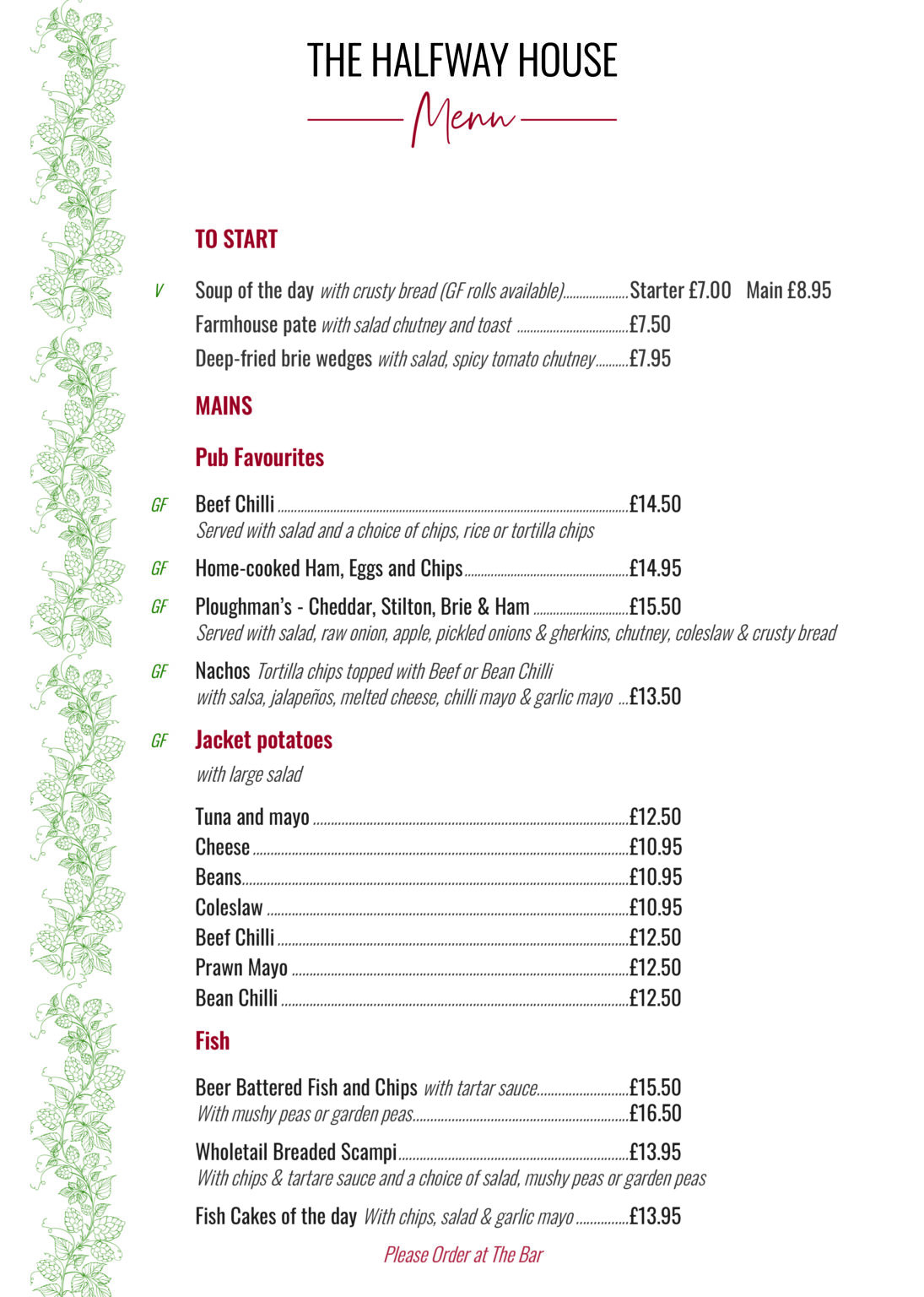Menu - The Halfway House Pitney